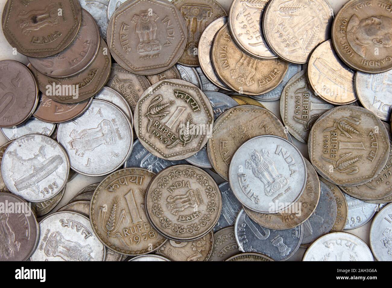 Close up picture of Indian rupee. Top view of indian currency coins ...