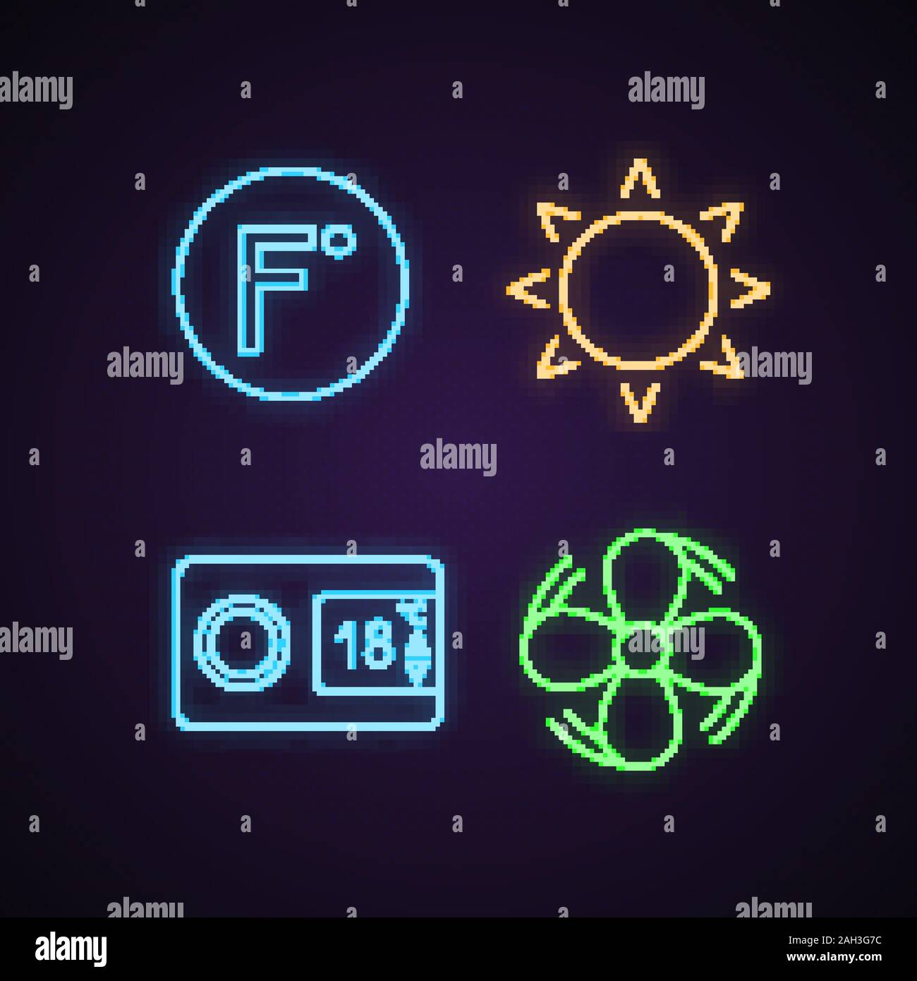 Air conditioning neon light icons set. Fahrenheit degree, sun, digital ...