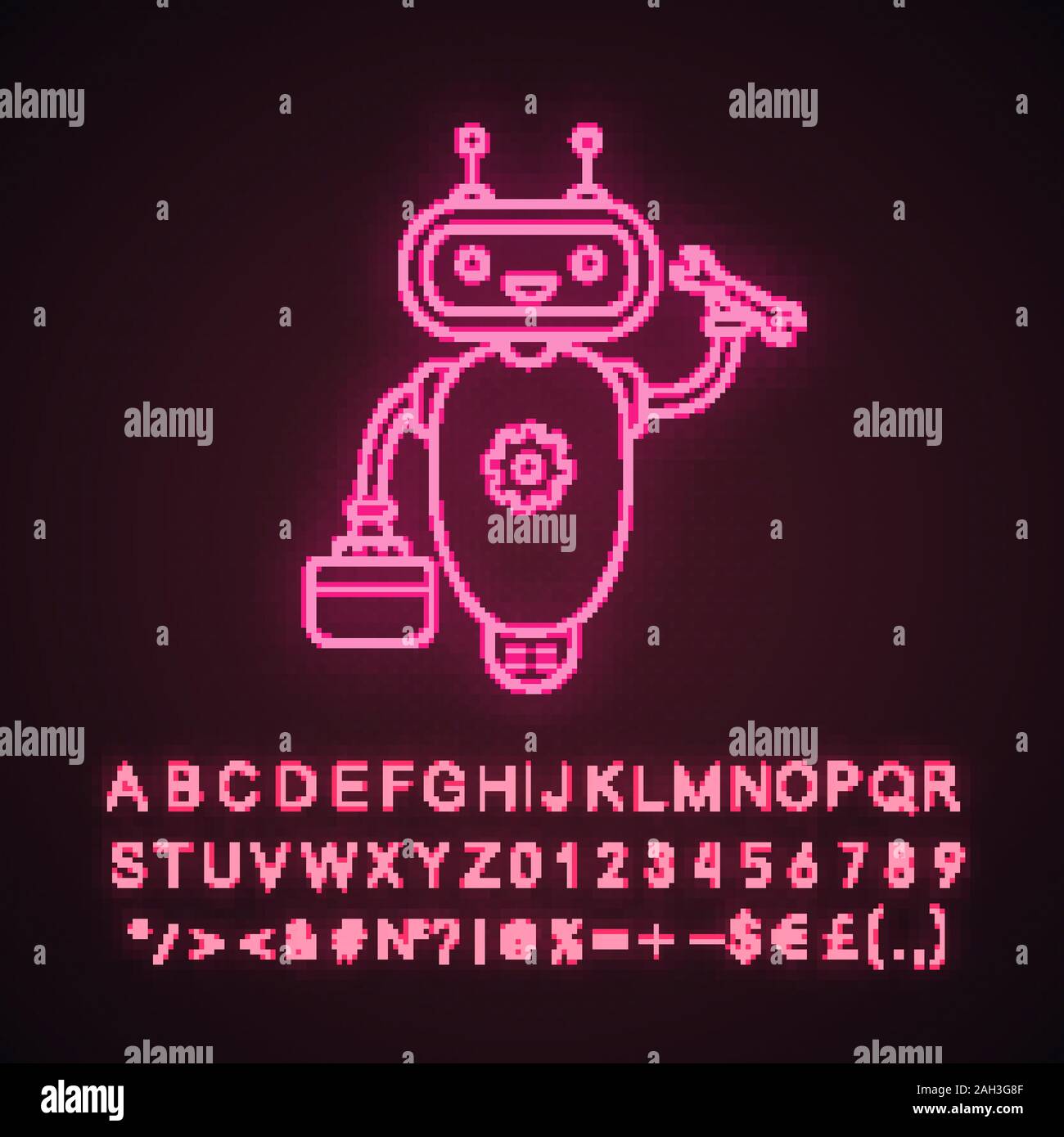 Repair Chatbot Neon Light Icon Robot With Tools And Screw Key Virtual Assistant Online