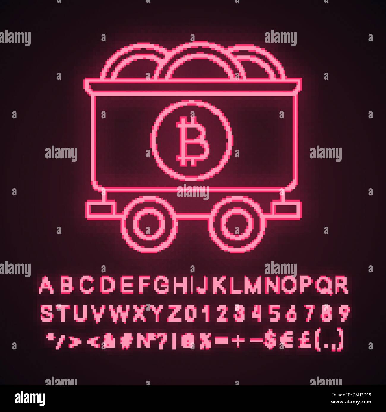 Bitcoin mining business neon light icon. Mine cart with bitcoin coins ...