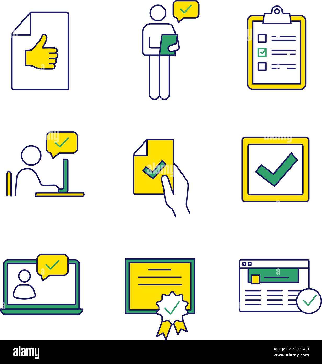 Approve color icons set. Approval document, person checking, checklist ...