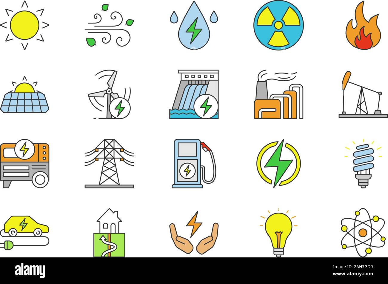 Electric energy color icons set. Electricity. Power generation and ...