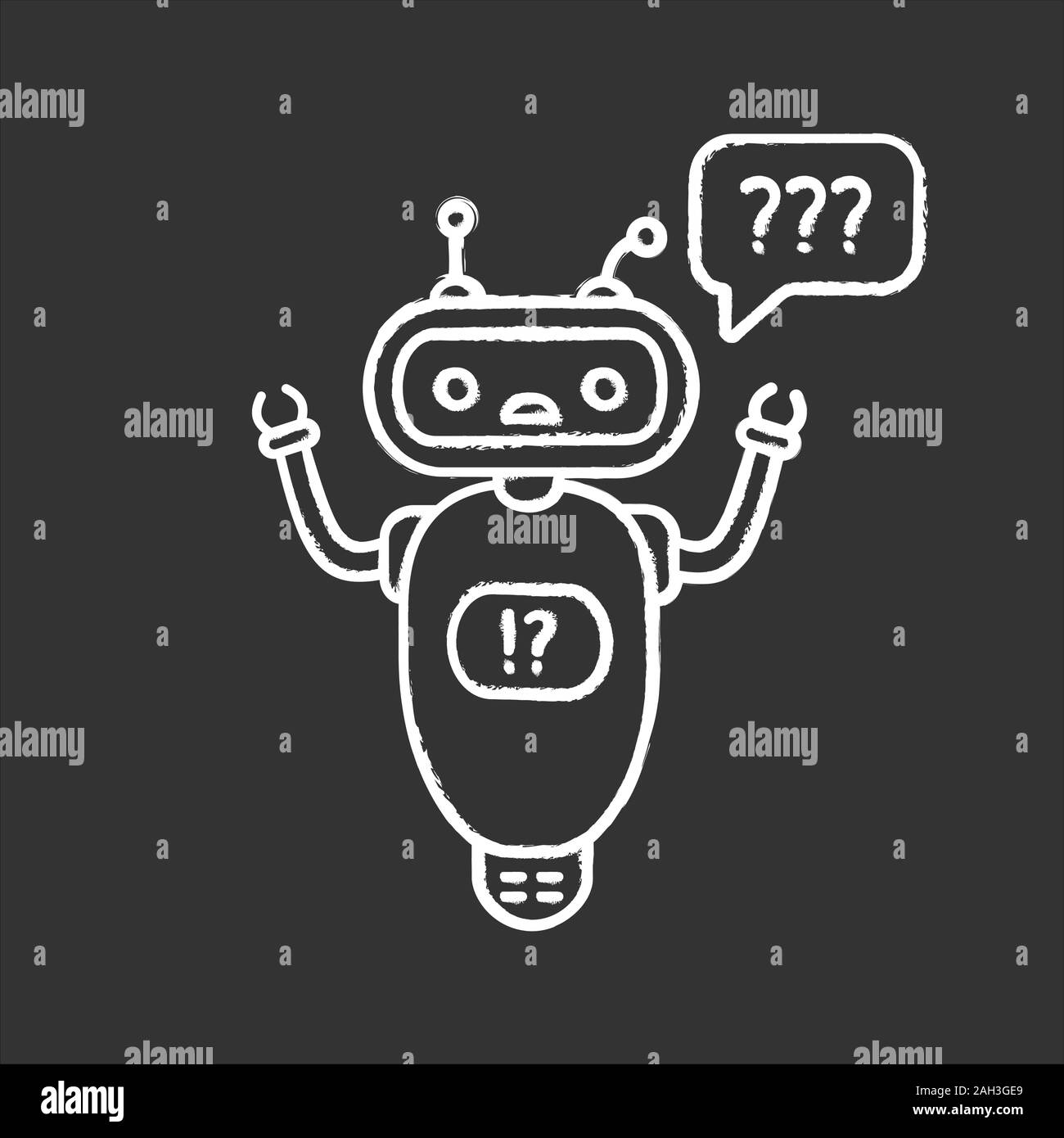 Help chatbot chalk icon. FAQ chat bot. Bewildered robot with question marks in speech bubble ...