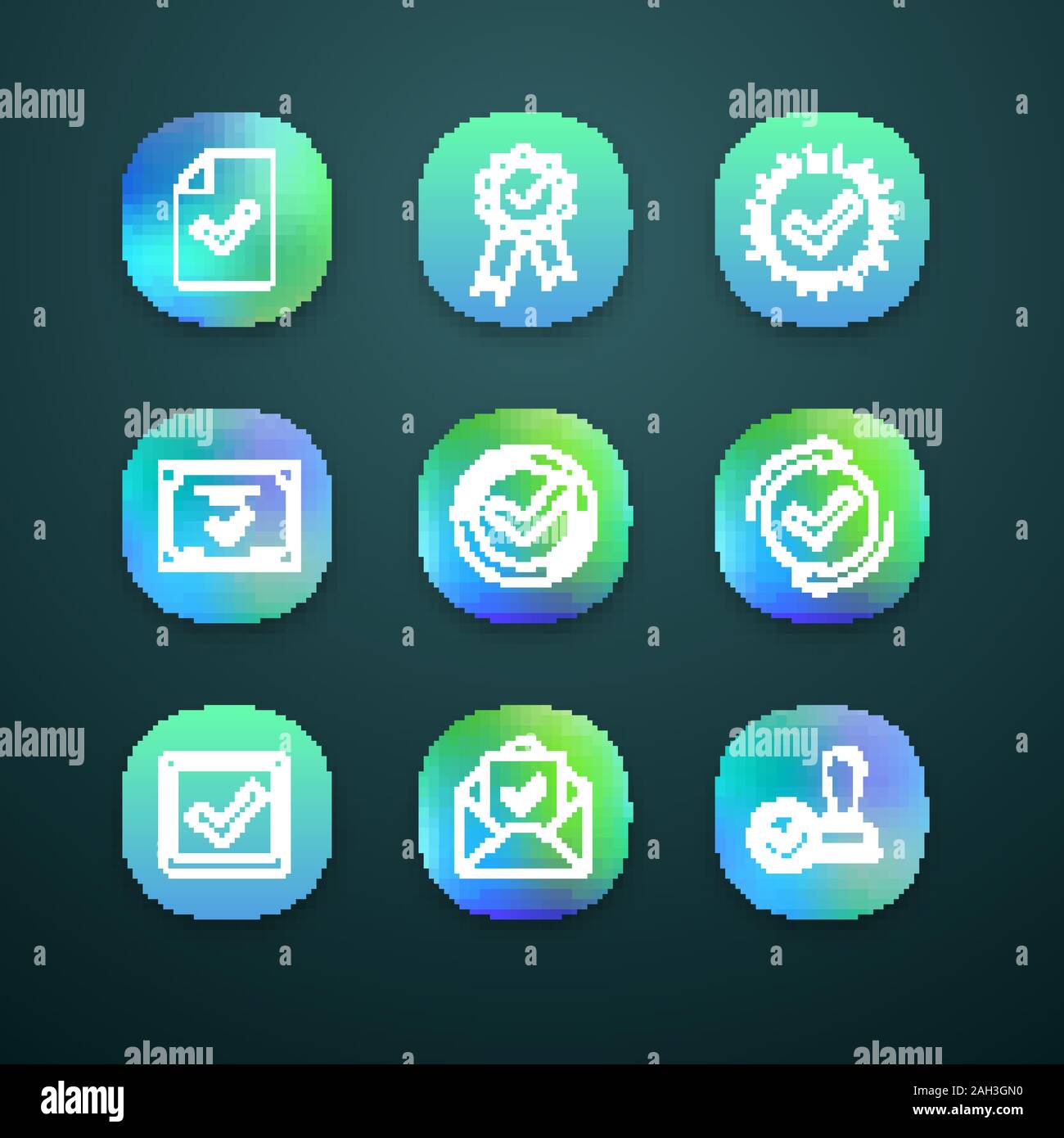 Approve app icons set. Document verification, award medal, check mark, certificate, checking ...