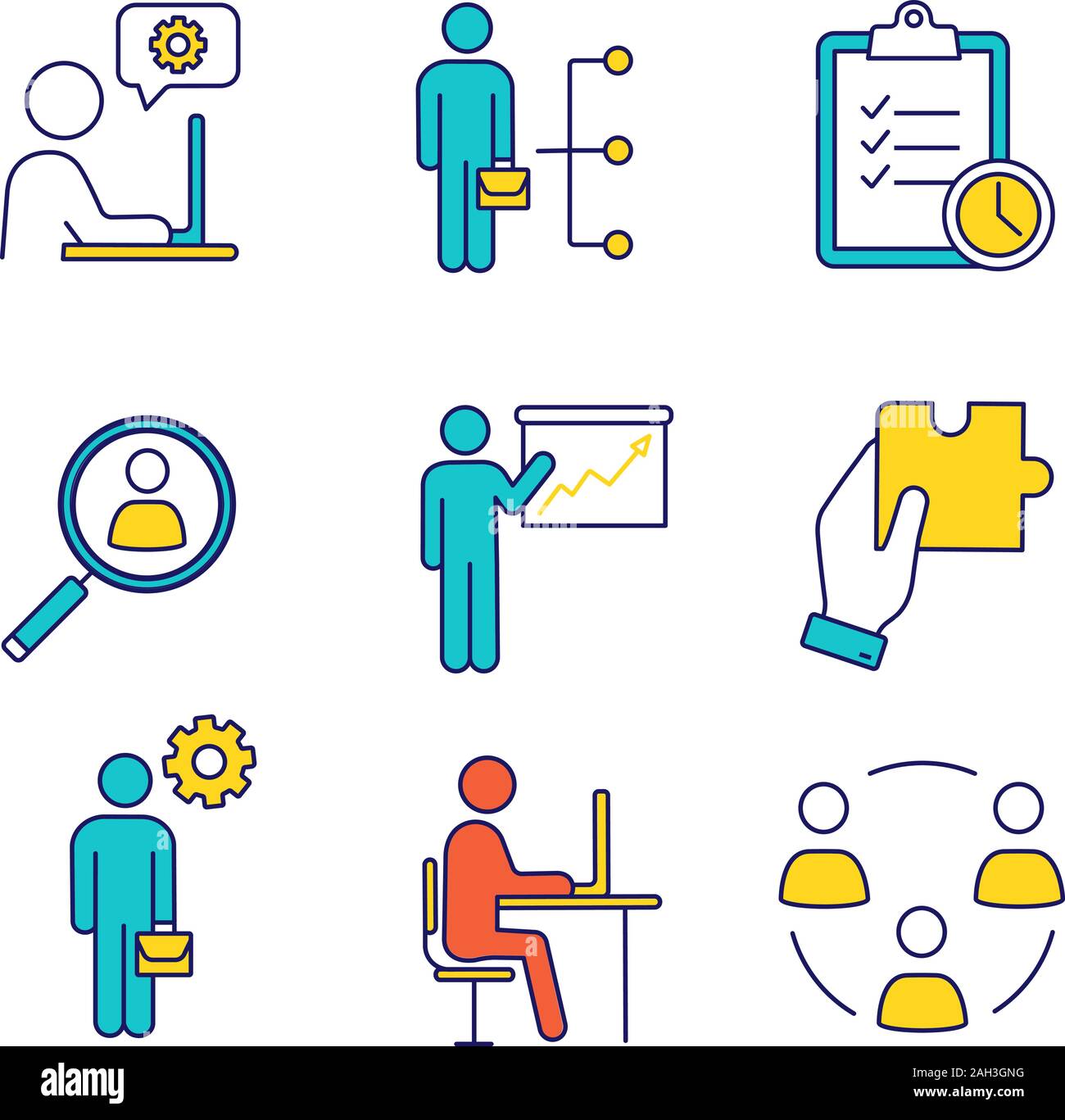 Business management color icons set. Technical chat, employee skills ...
