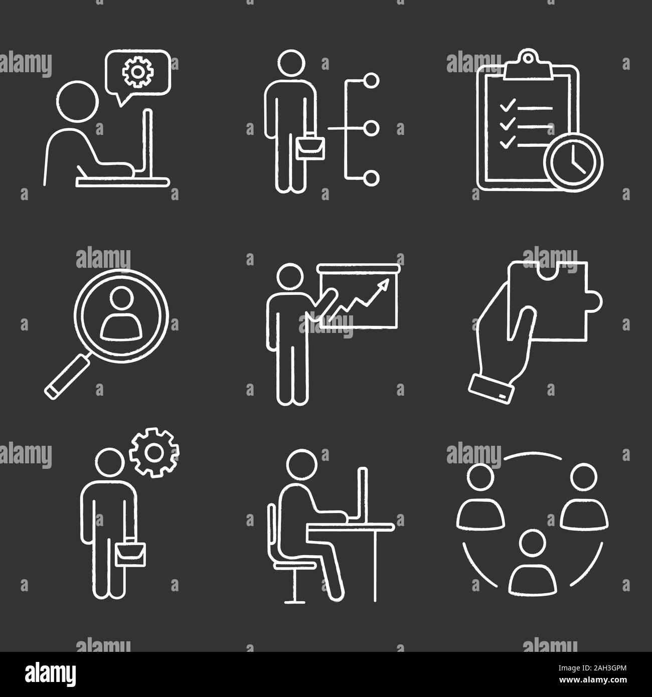 Business management chalk icons set. Technical chat, employee skills ...