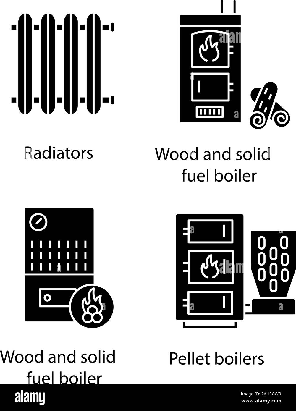 Heating glyph icons set. Radiator, firewood and pellet boiler, solid ...