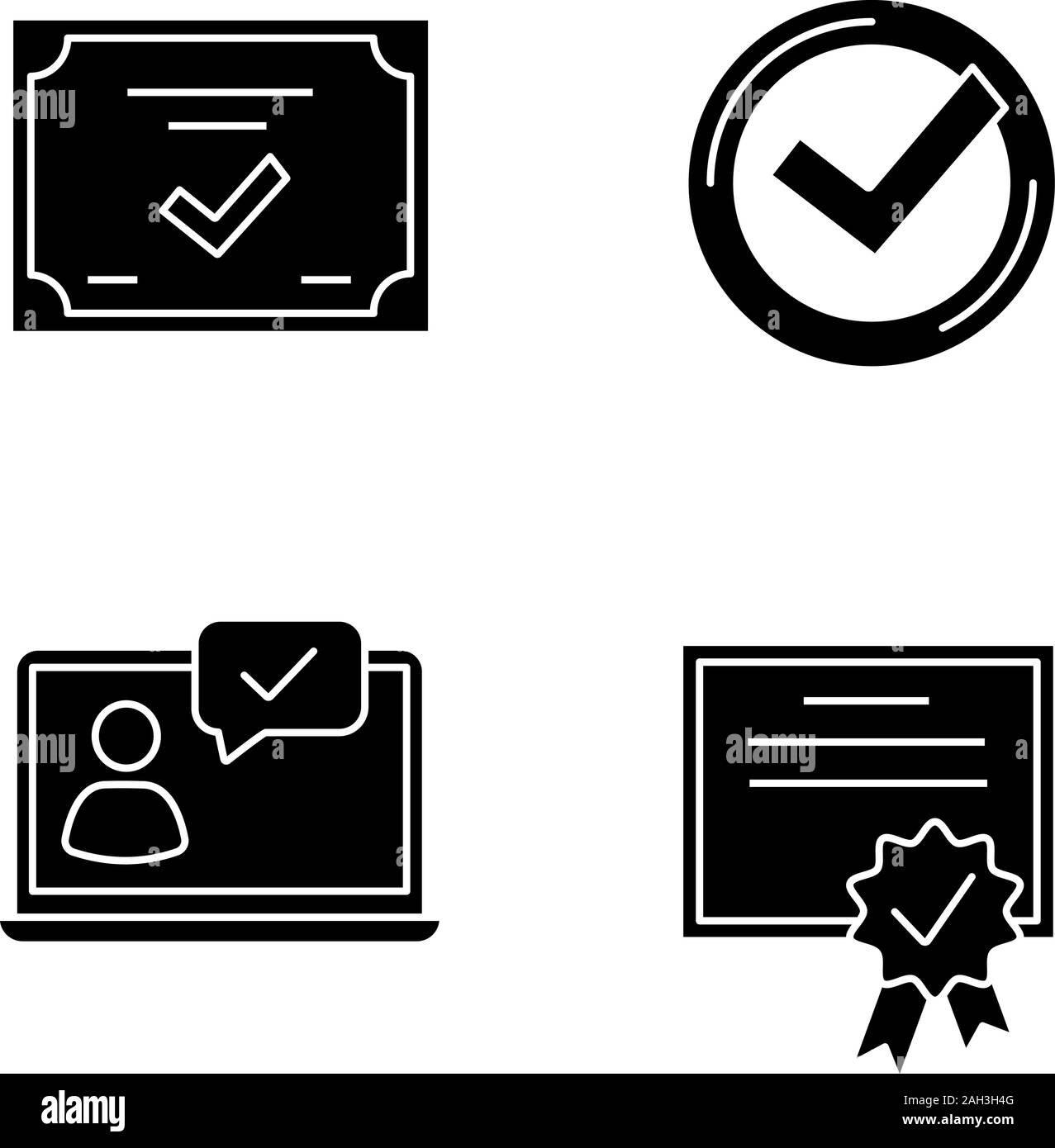 Approve glyph icons set. Verification and validation. Chat approved, certificate, check mark ...