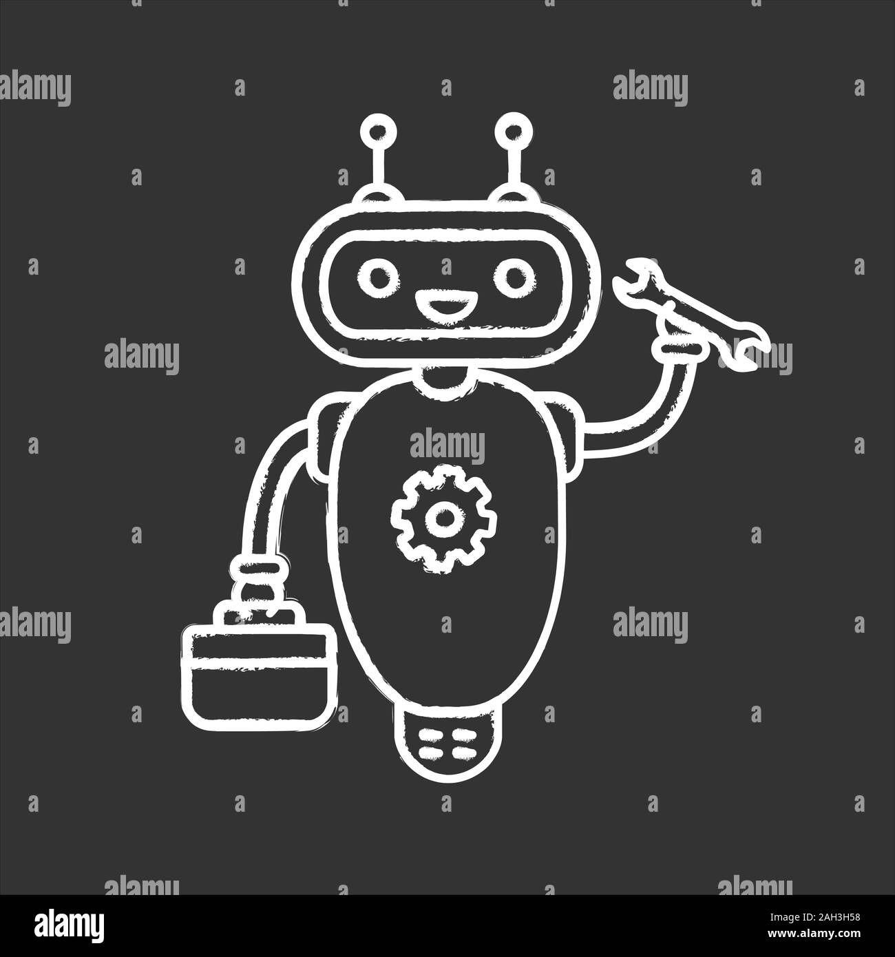 Repair chatbot chalk icon. Robot with set of tools and screw key. Virtual assistant. Online ...