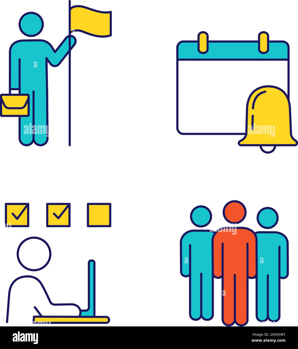Business management color icons set. Achievement, reminder, online test ...