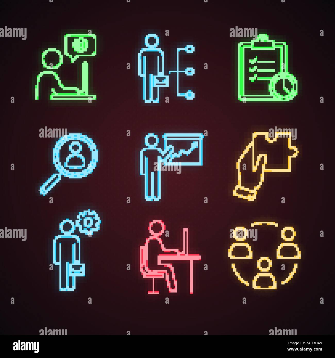 Business management neon icons set. Technical chat, employee skills ...