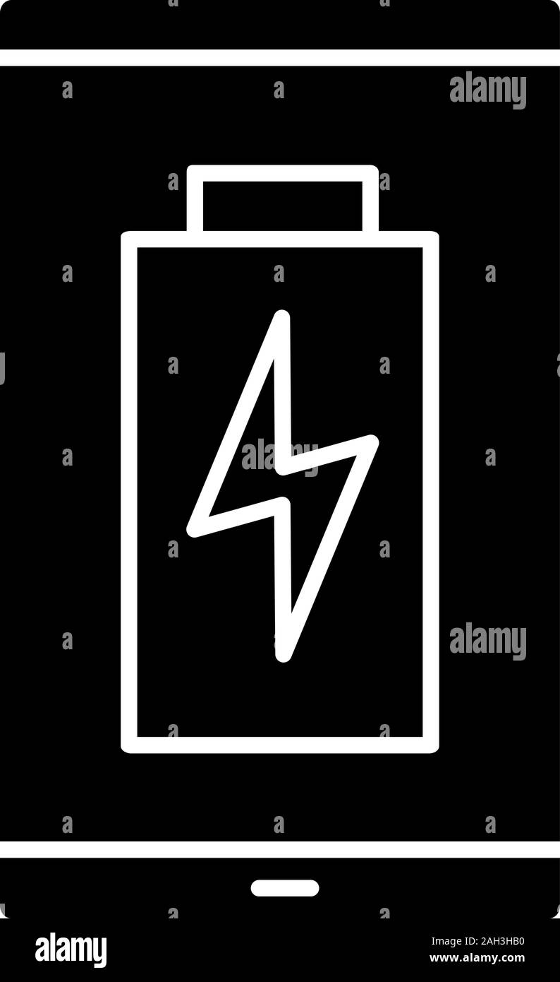 Smartphone battery charging glyph icon. Mobile phone battery level ...