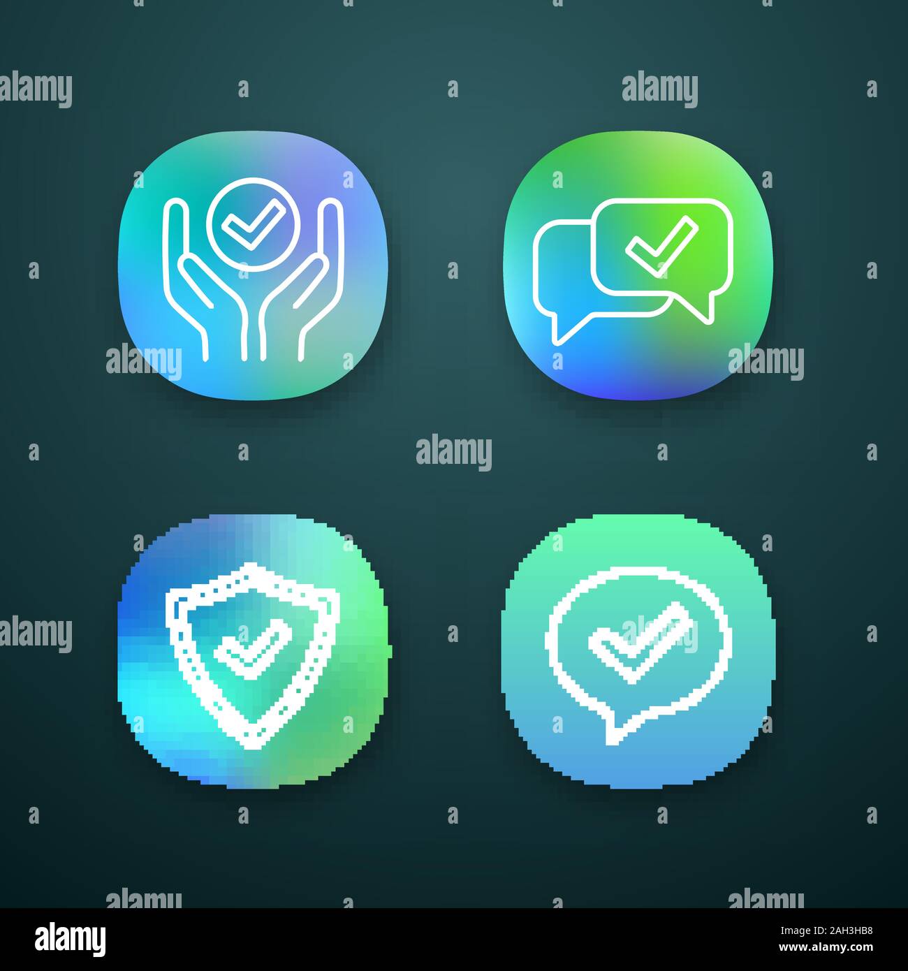 Approve app icons set. Verification and validation. Quality service, approved chat, confirmation ...