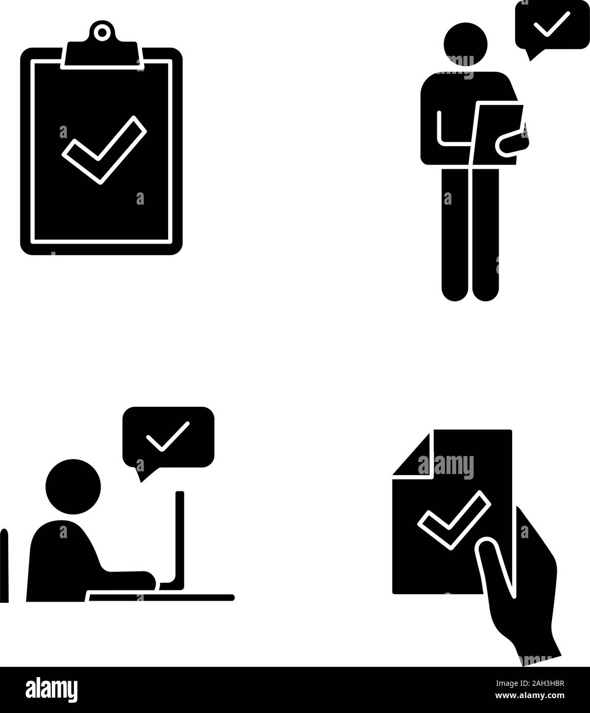 Approve glyph icons set. Verification and validation. Clipboard with ...