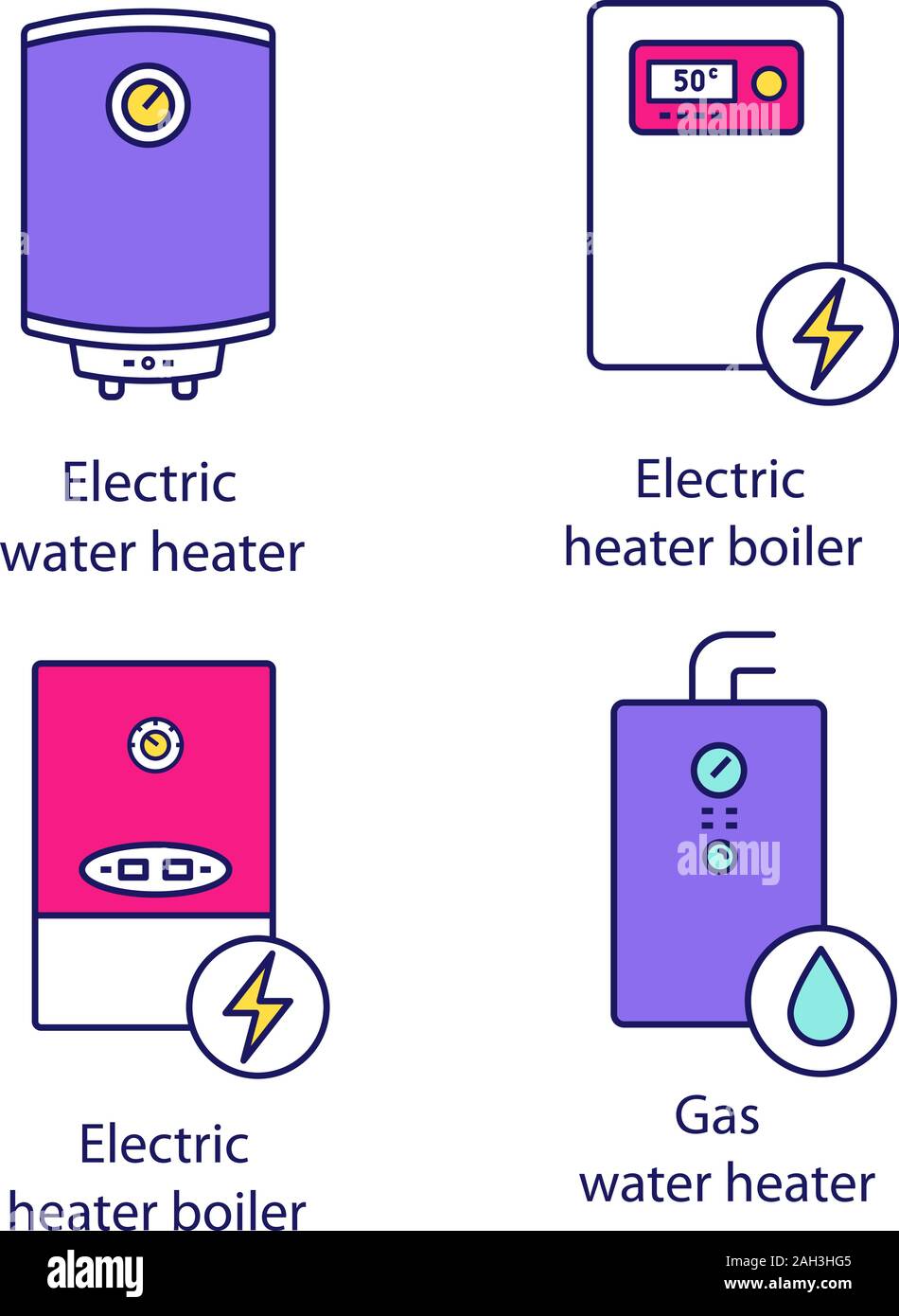 Heating color icons set. Central heating system. Electric and gas water ...