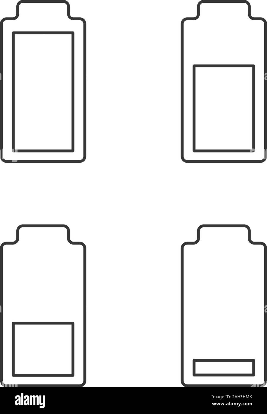Battery charging linear icons set. Battery level indicators. Low ...