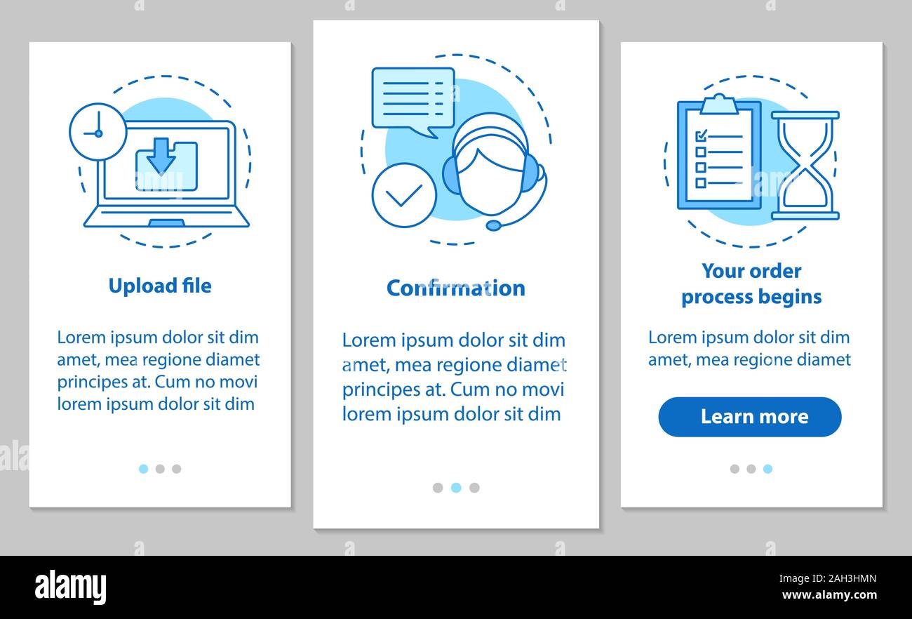 Customer support onboarding mobile app page screen with linear concepts. Upload file ...