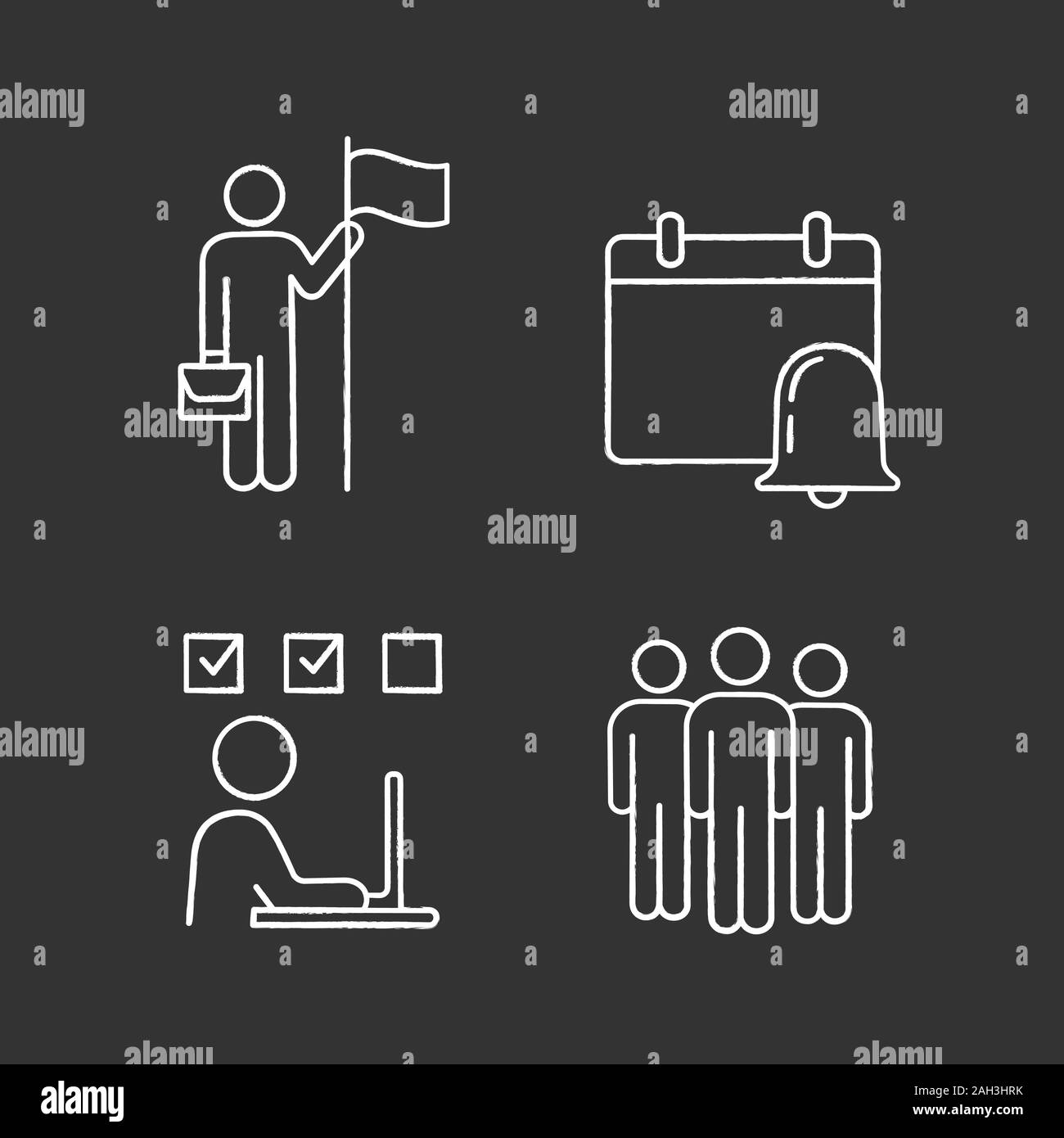 Business management chalk icons set. Achievement, reminder, online test ...