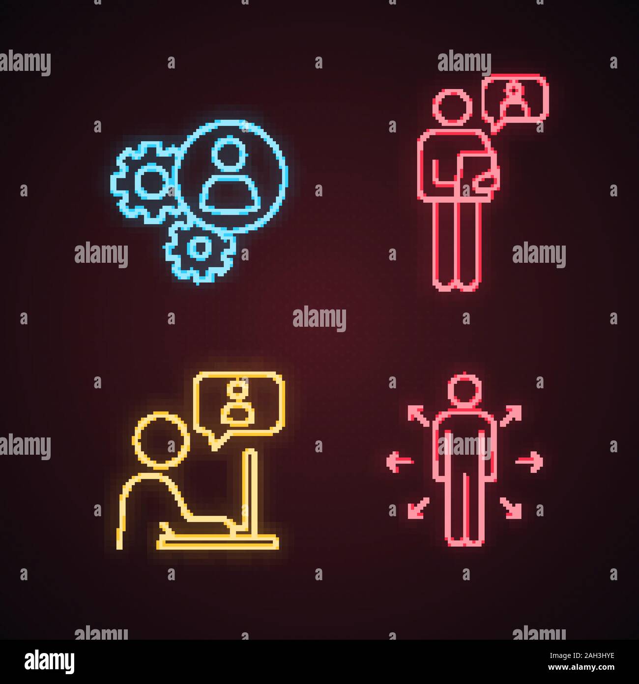Business management neon light icons set. Teamwork, online job ...