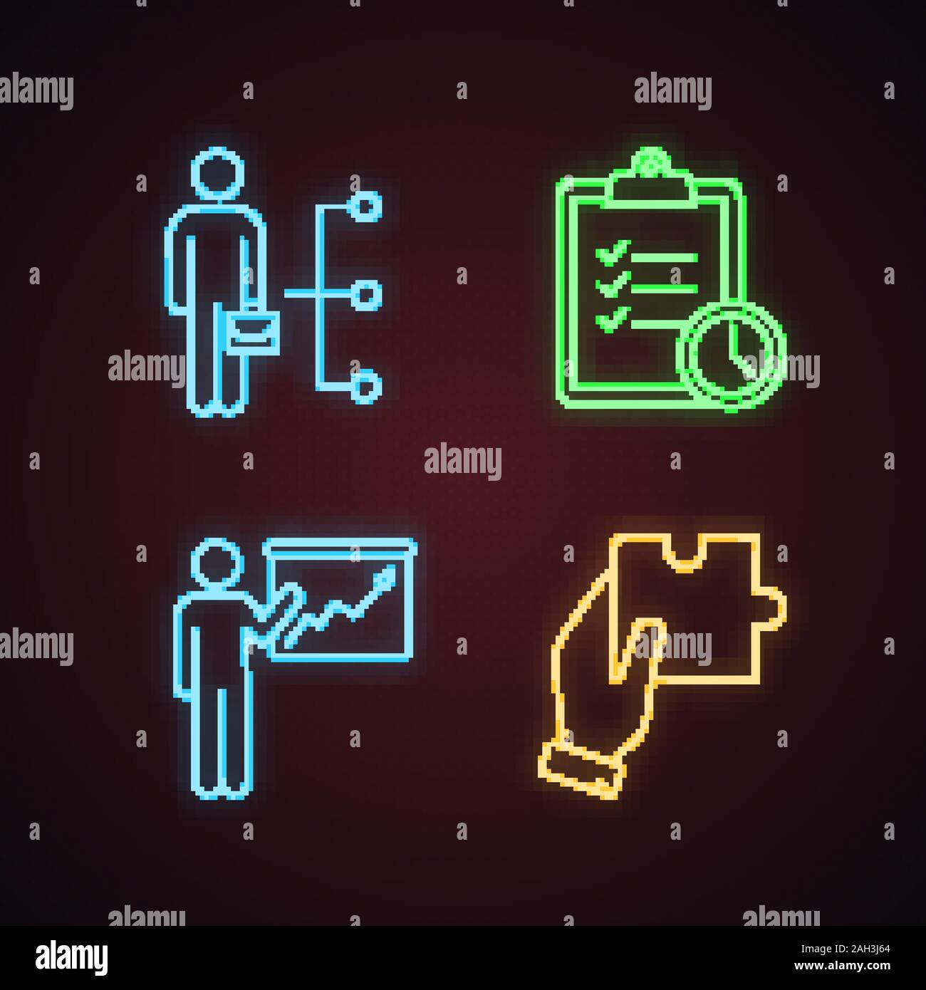 Business management neon light icons set. Employee skills, time ...