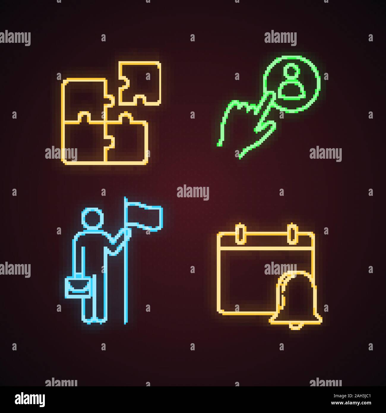 Business management neon light icons set. Teamwork, staff hiring button ...