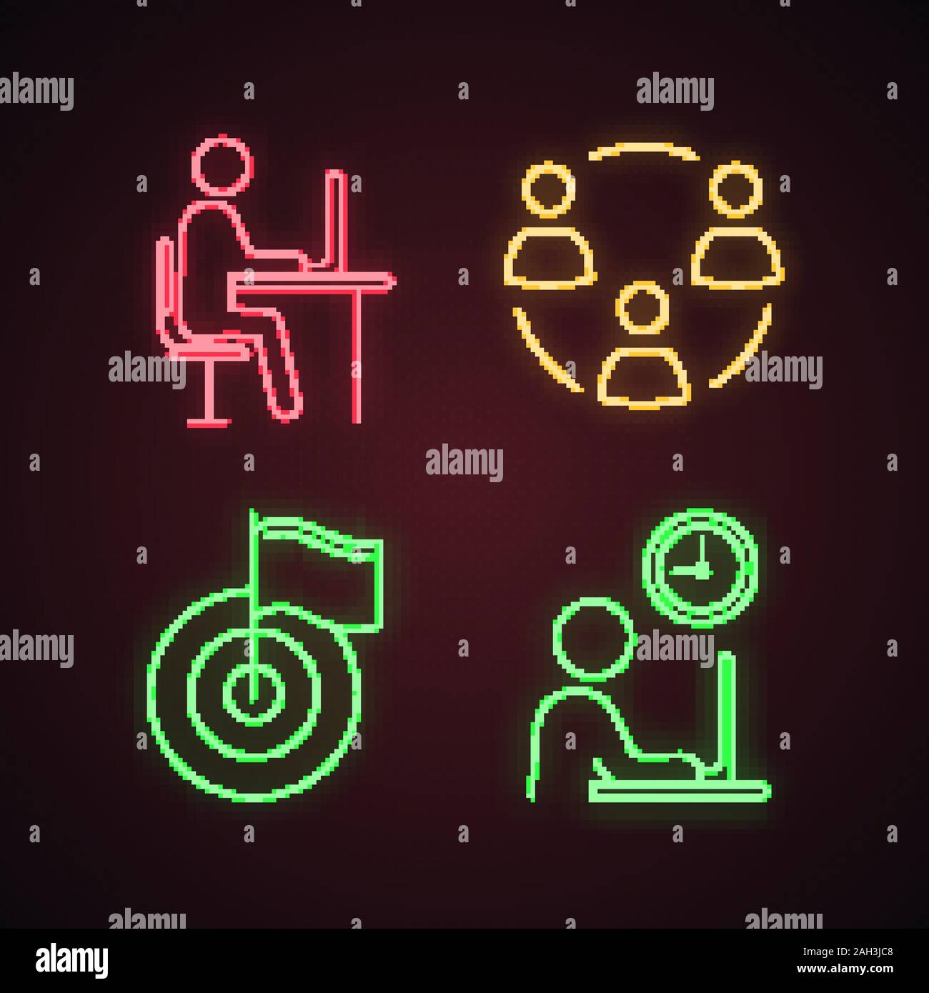 Business management neon light icons set. Remote job, teamwork ...