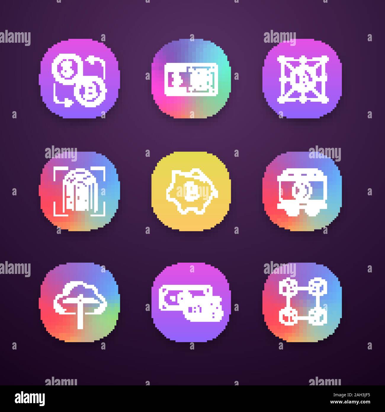 Bitcoin cryptocurrency app icons set. UI/UX interface. Currency exchange, graphic card ...