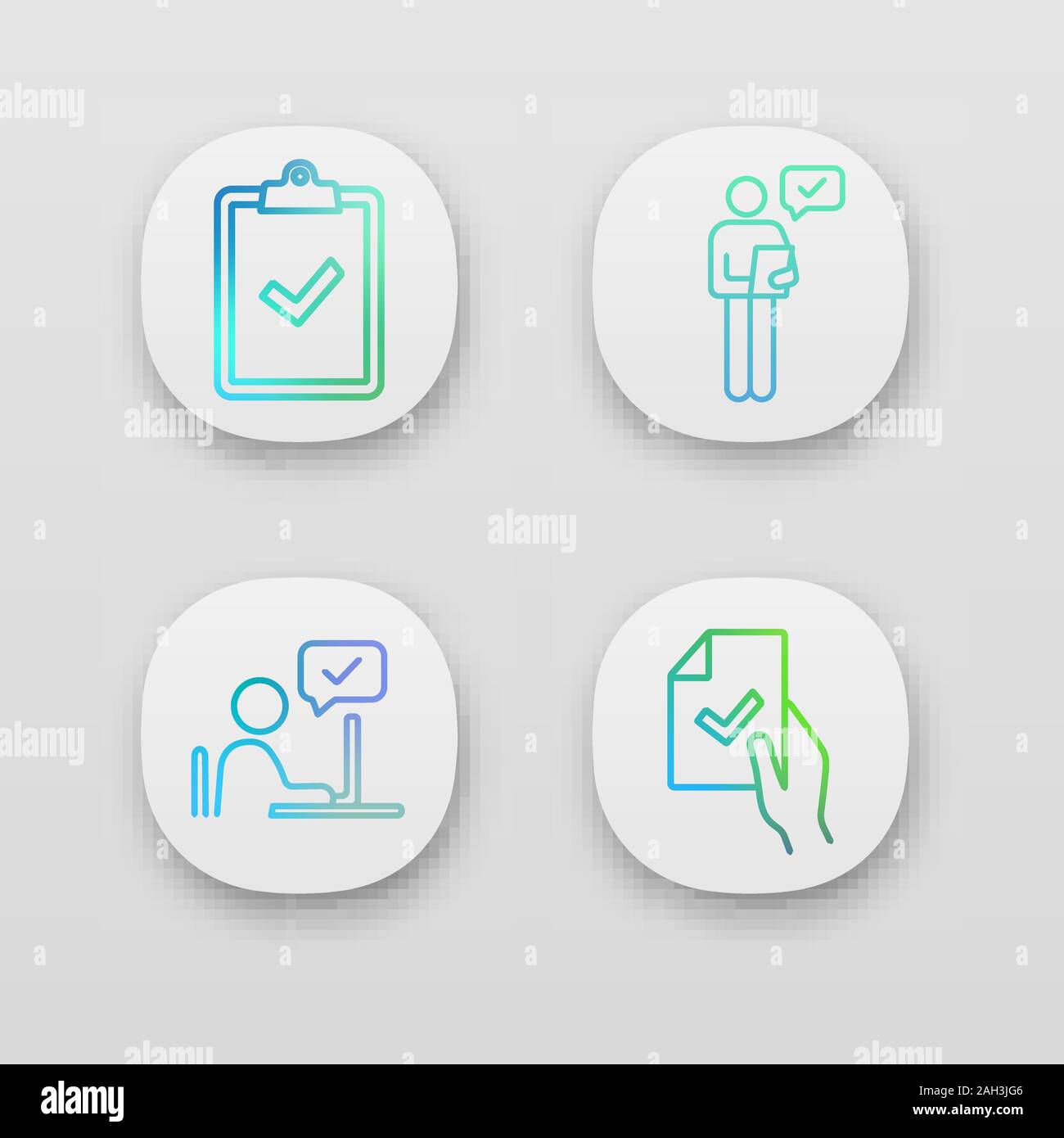 Approve app icons set. Verification and validation. Clipboard with check mark, person checking ...