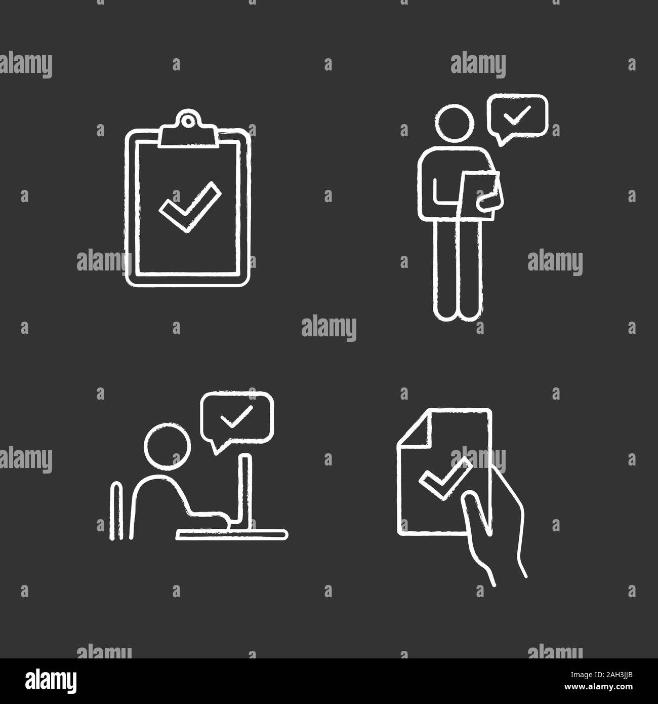 Approve chalk icons set. Verification and validation. Clipboard with check mark, person checking ...