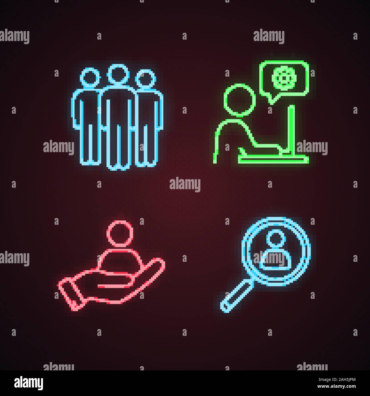 Business management neon light icons set. Team, technical support ...