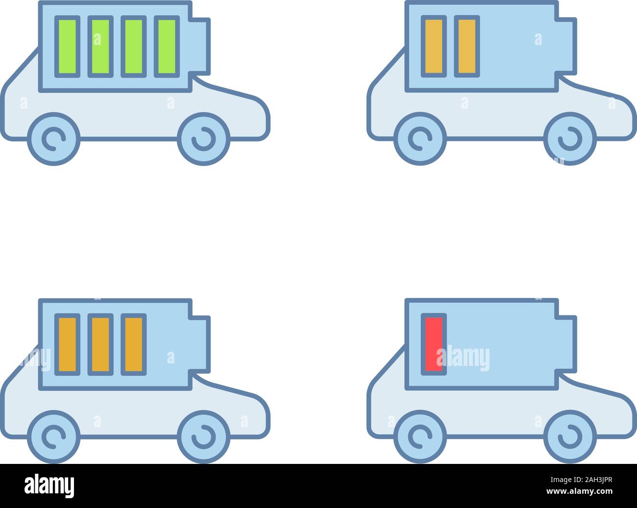 Electric car battery charging color icons set. Automobile battery level ...