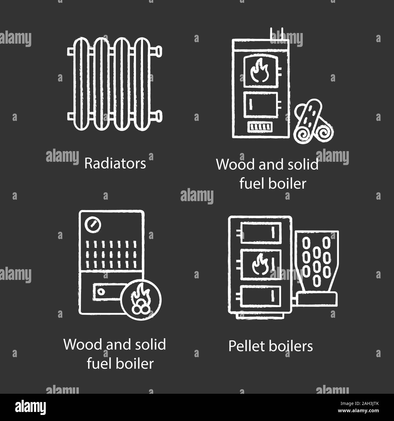 Heating chalk icons set. Radiator, firewood and pellet boiler, solid ...