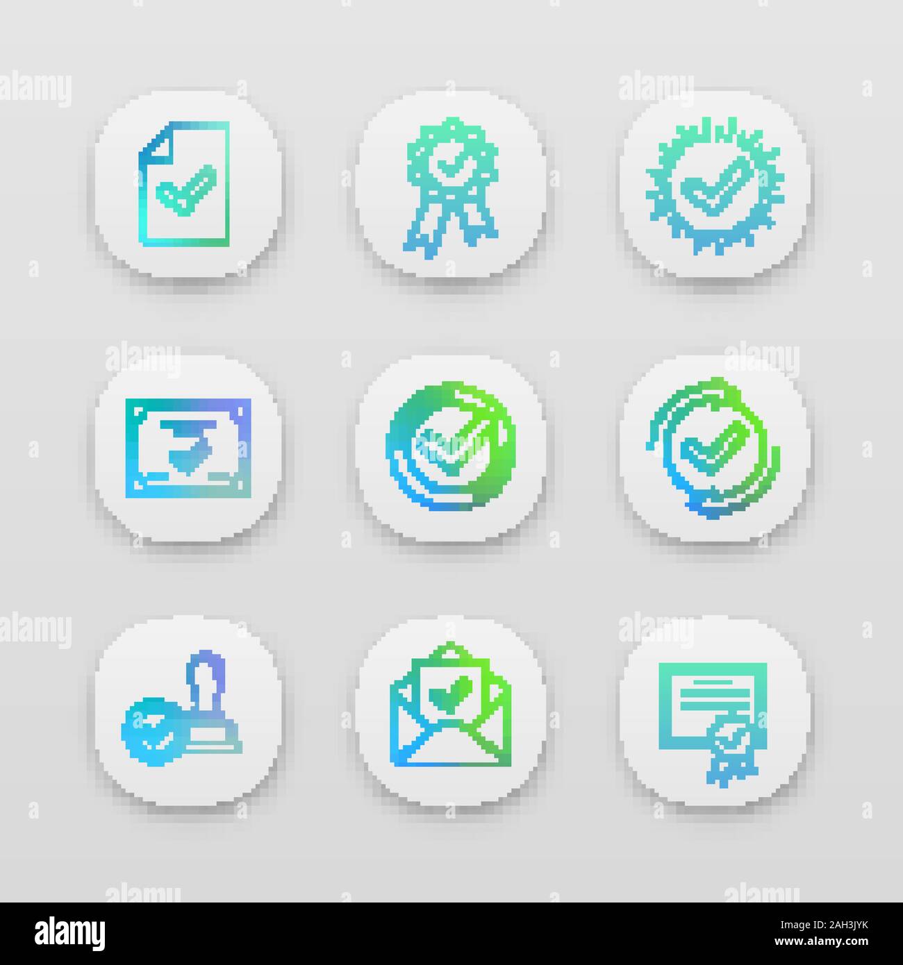 Approve app icons set. Document verification, award medal, check mark, certificate, checking ...