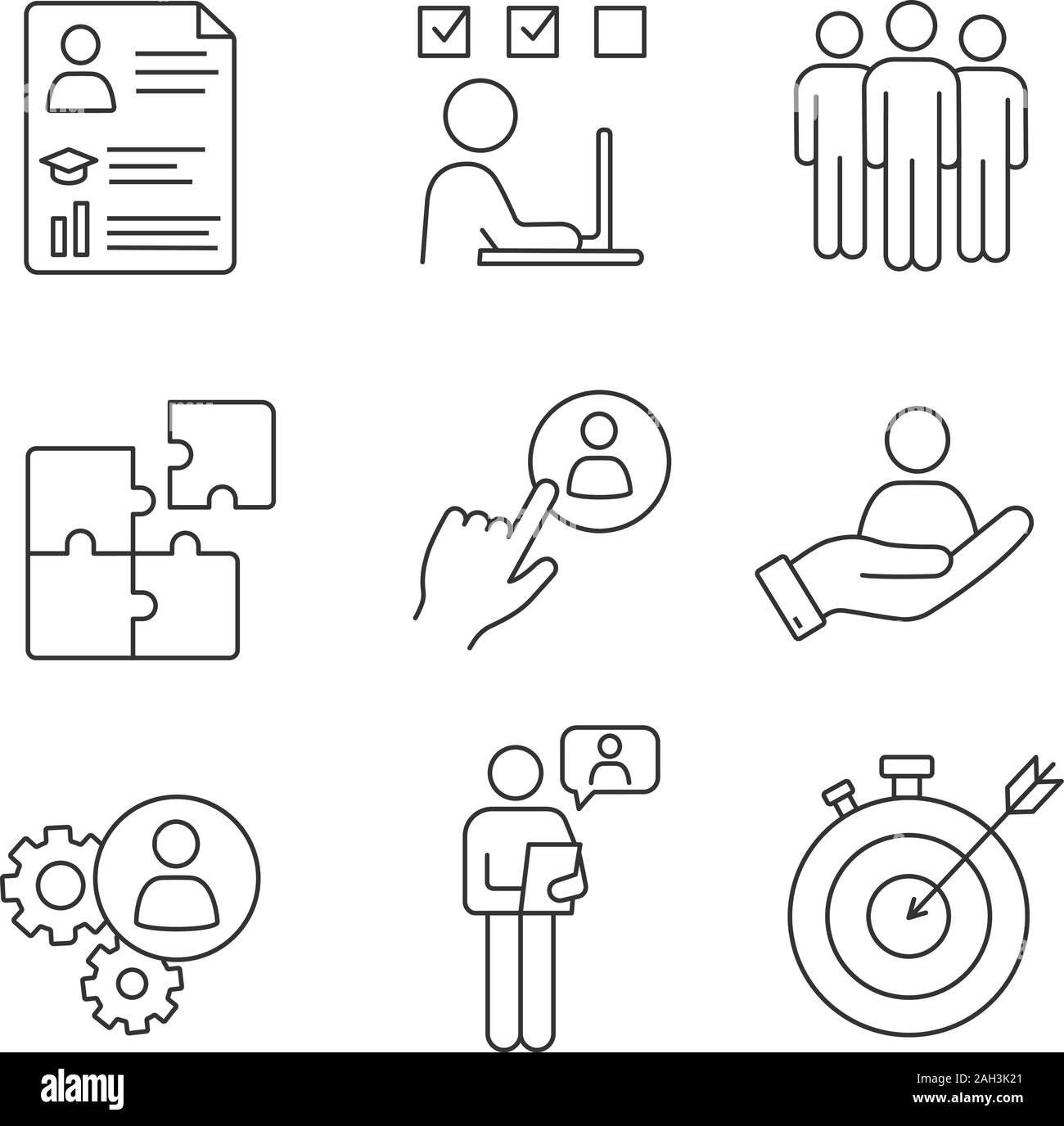 Business management linear icons set. Resume, task solving, team ...