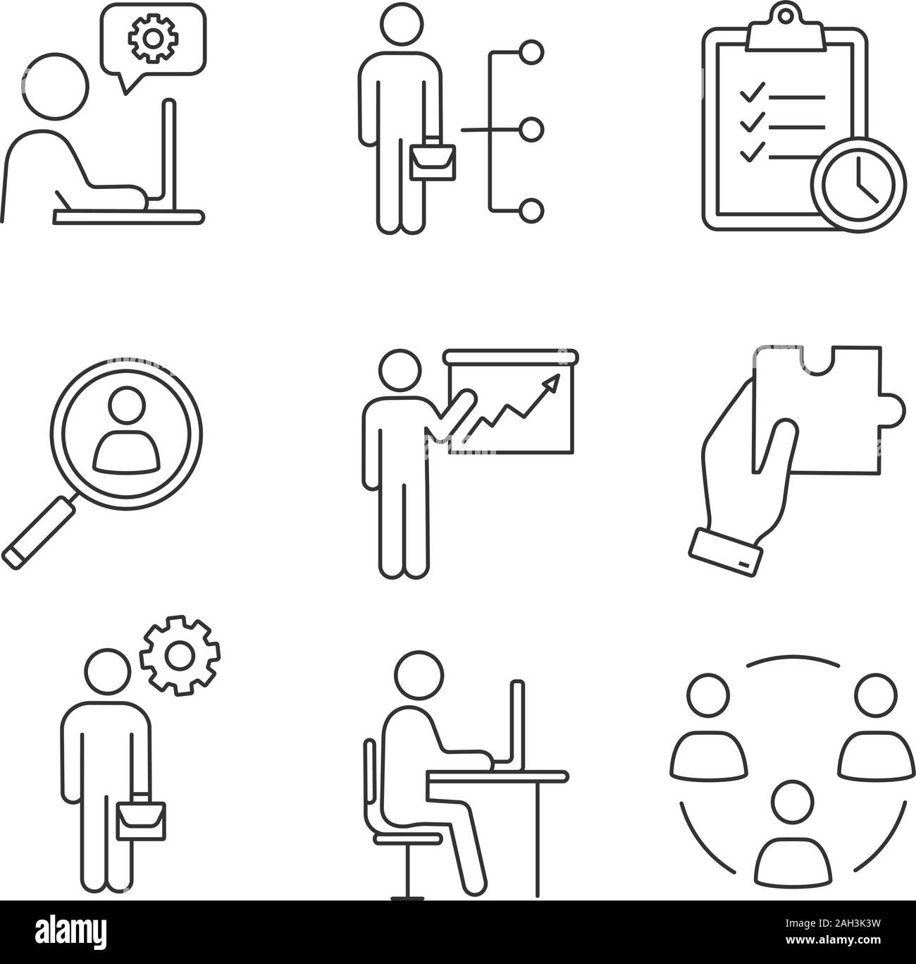 Business management linear icons set. Technical chat, employee skills ...