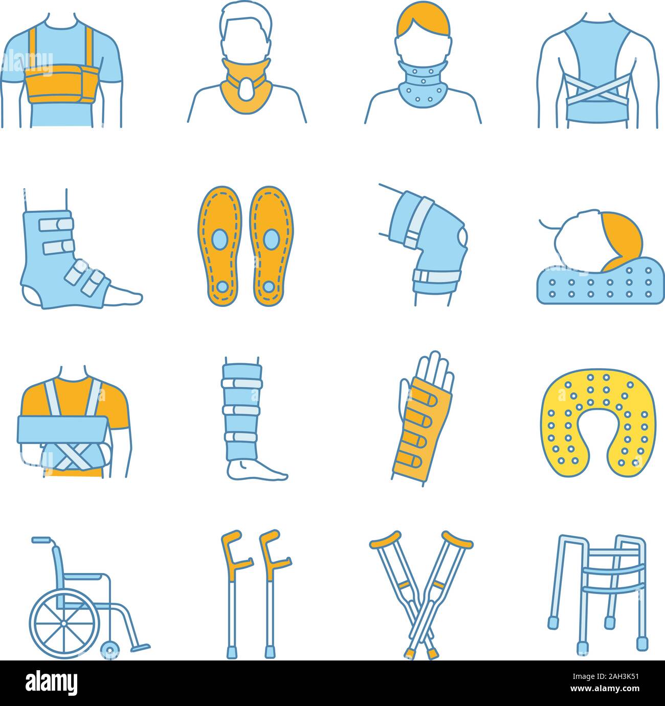 Trauma treatment color icons set. Orthopedic equipment. Braces and ...