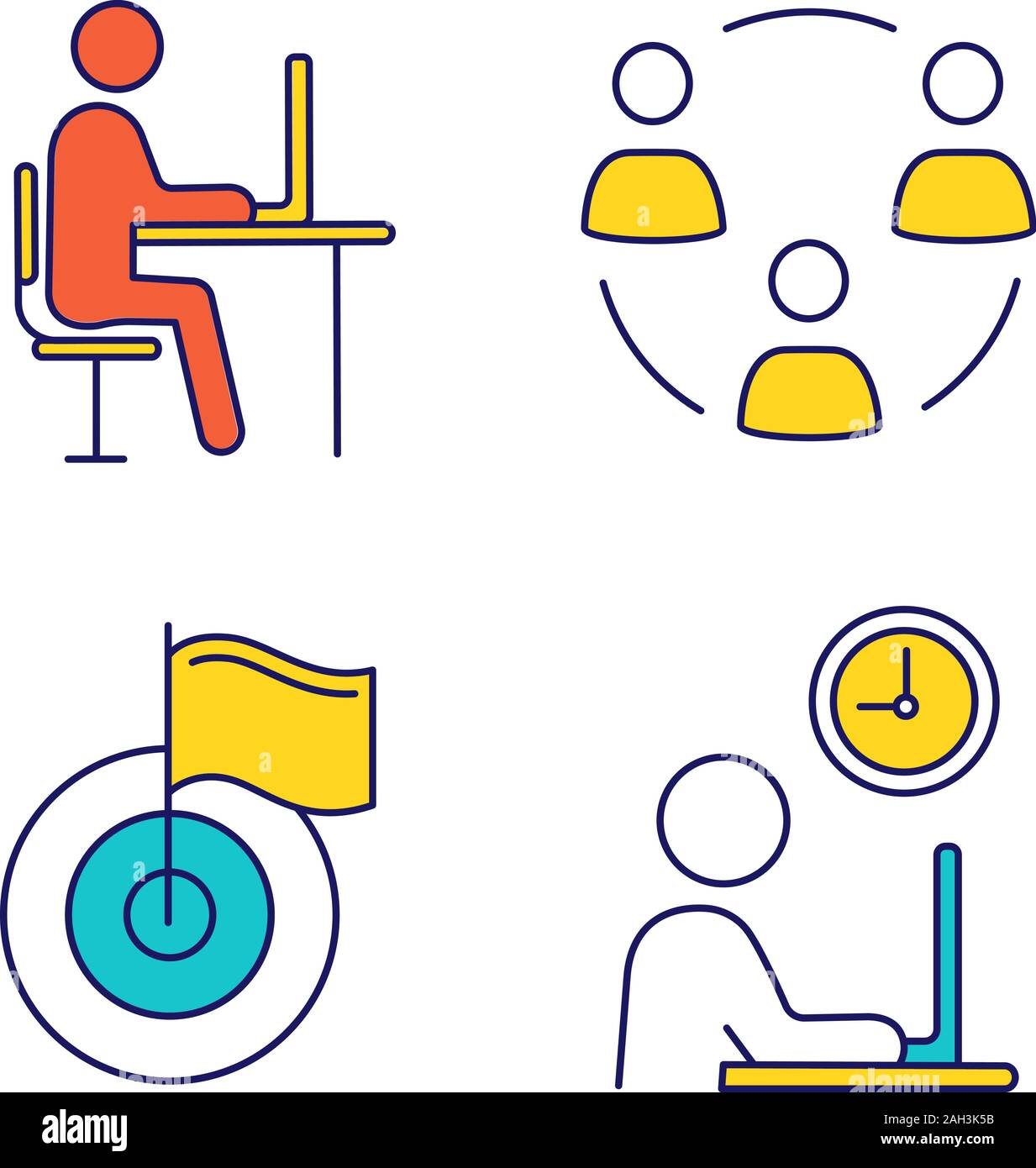 Business management color icons set. Remote job, teamwork, achievement ...