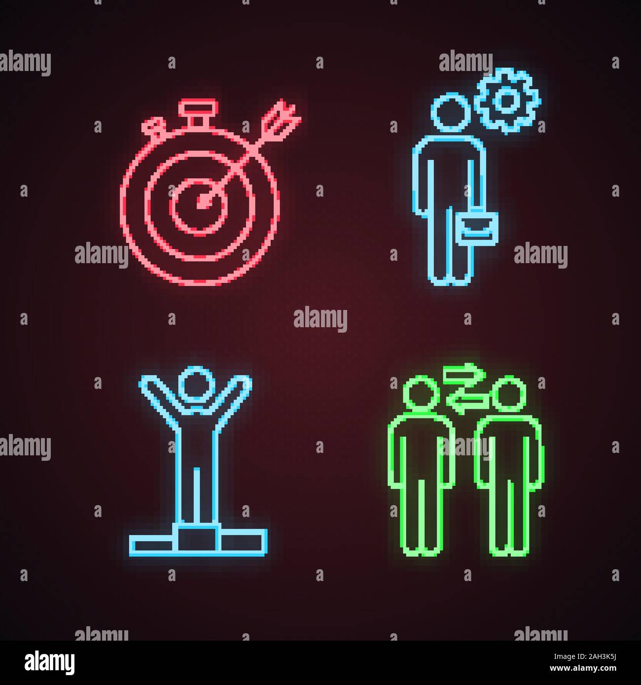 Business management neon light icons set. Smart goal, manager, champion ...