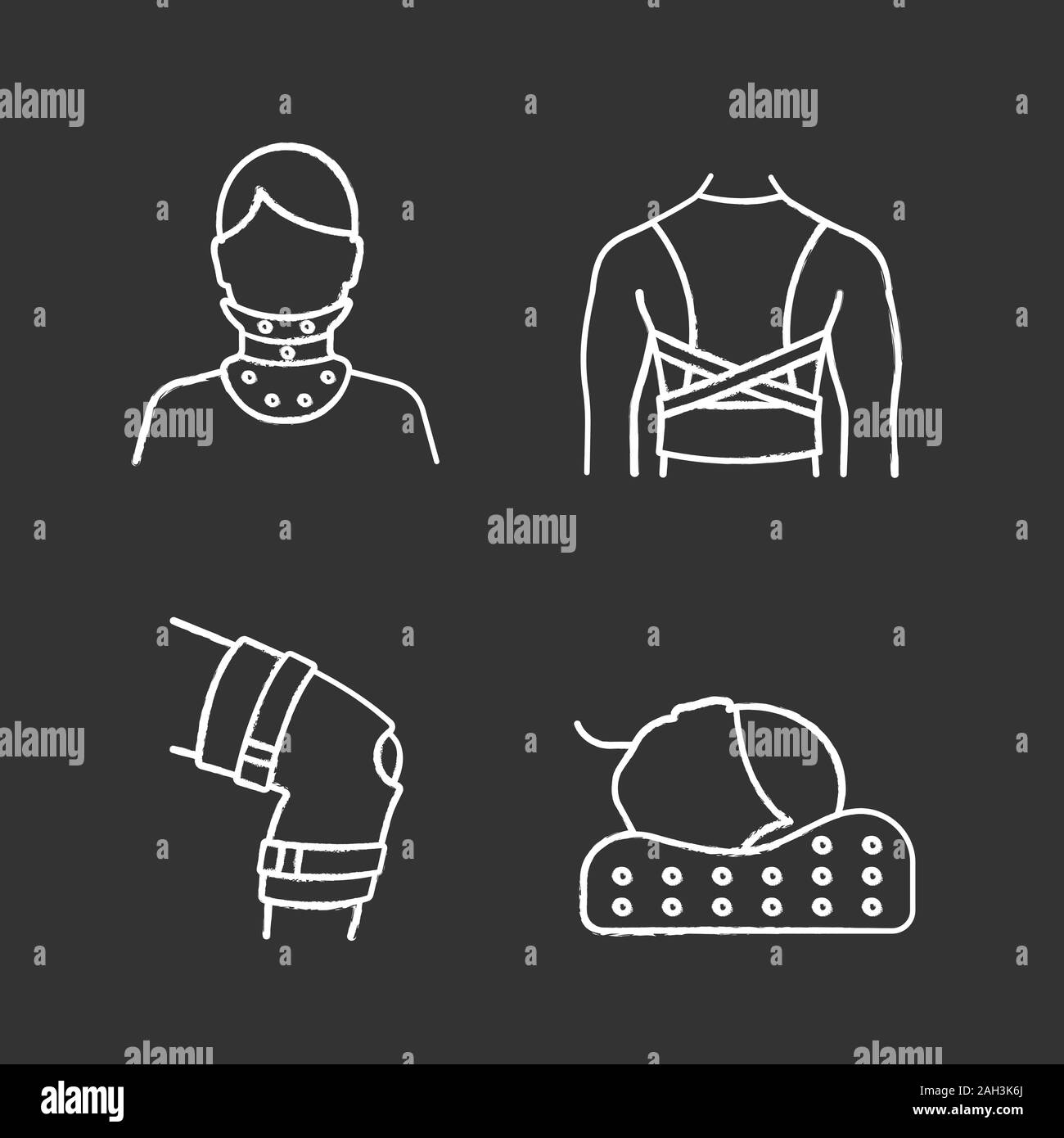 Trauma treatment chalk icons set. Cervical collar, posture corrector ...