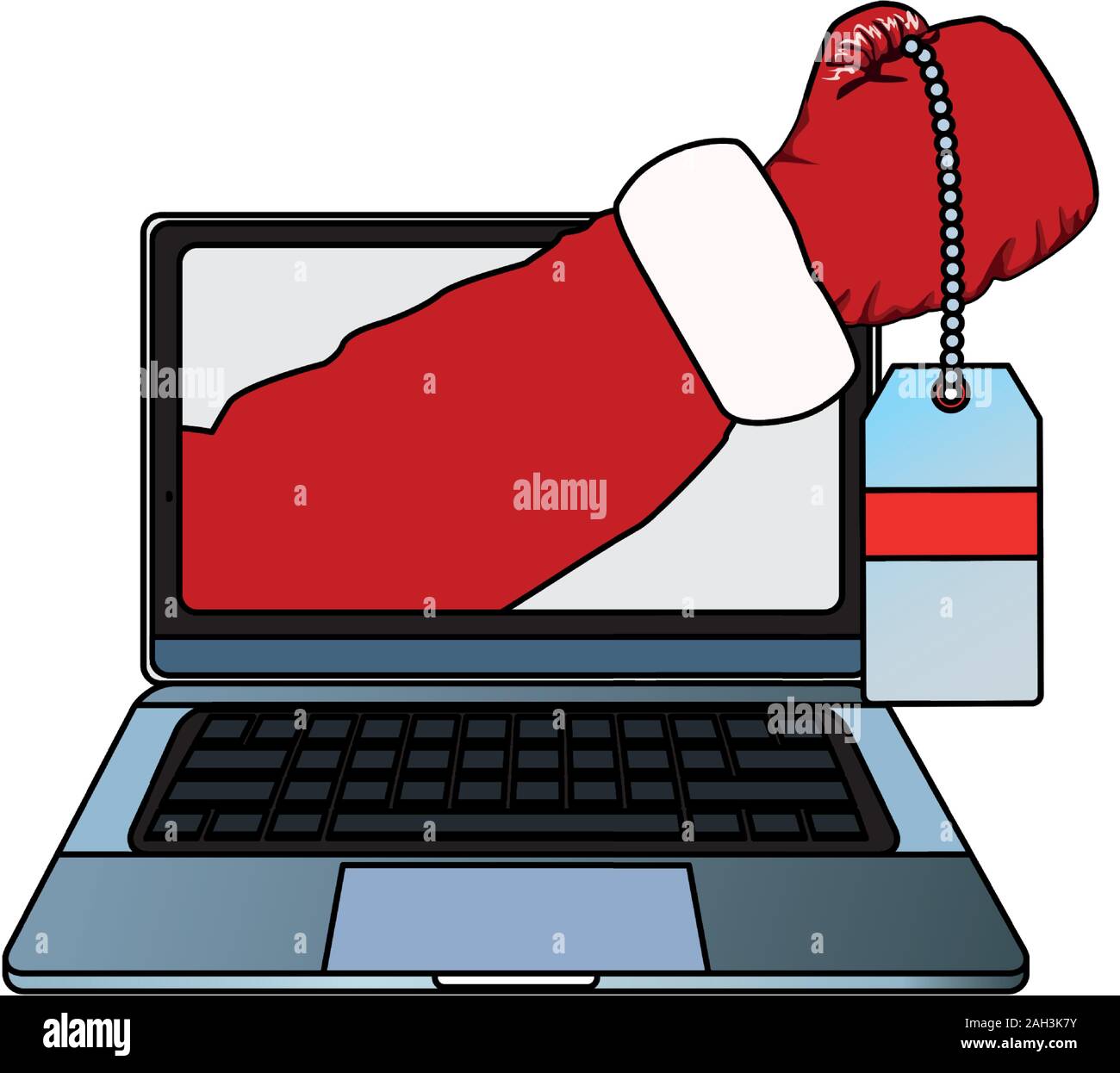 laptop computer with santa claus arm holding a price tag, colorful ...