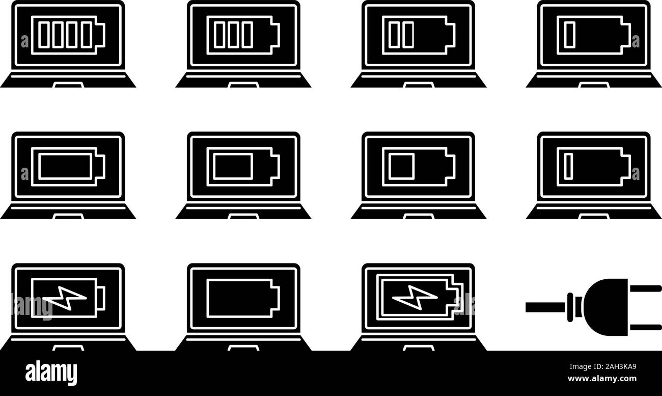 Laptop battery charging glyph icons set. Computer high, low, middle ...