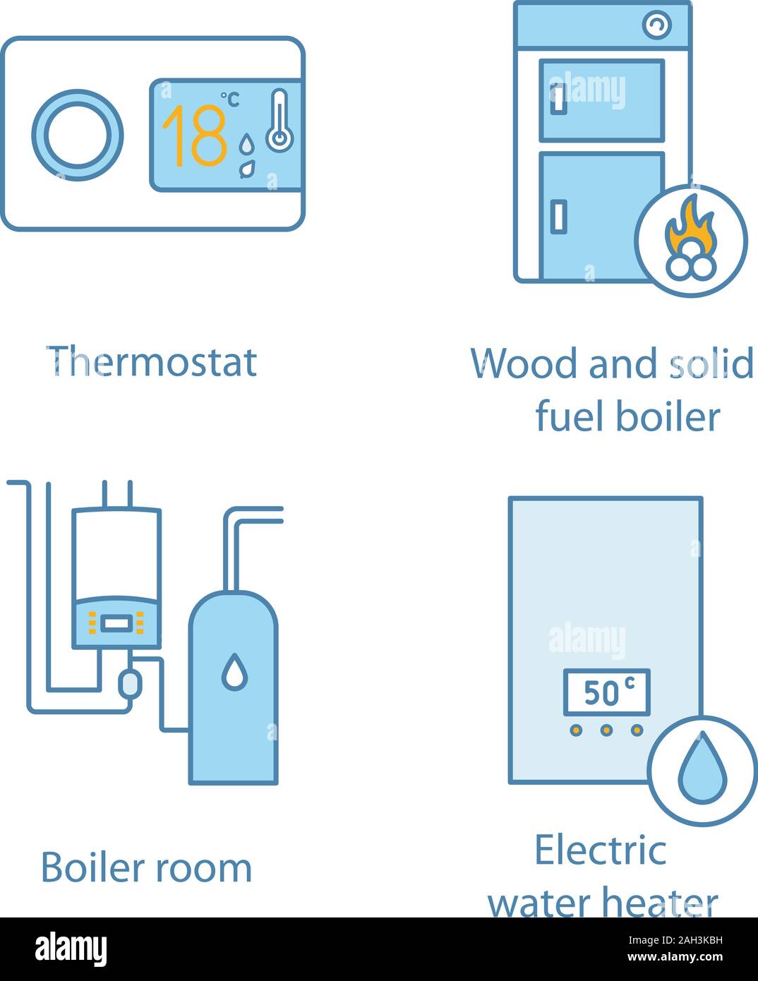 Heating color icons set. Digital thermostat, solid fuel boiler, boiler ...