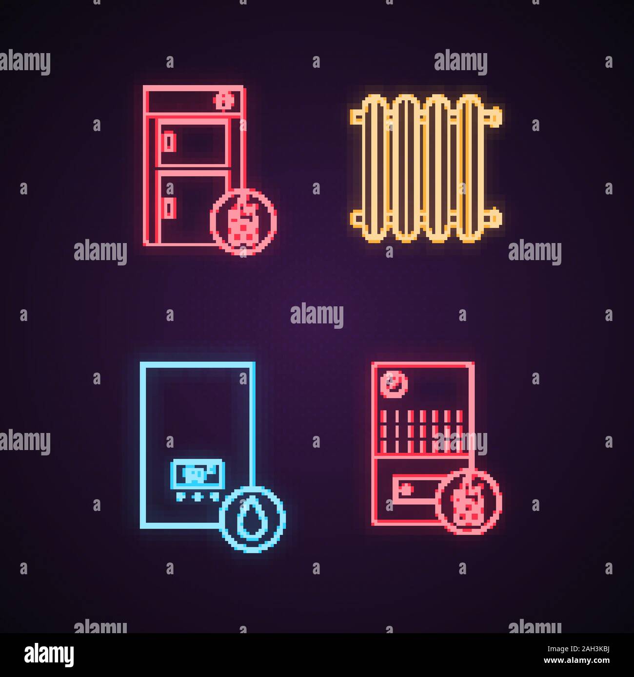 Heating neon light icons set. Solid fuel boiler, radiator, gas water ...
