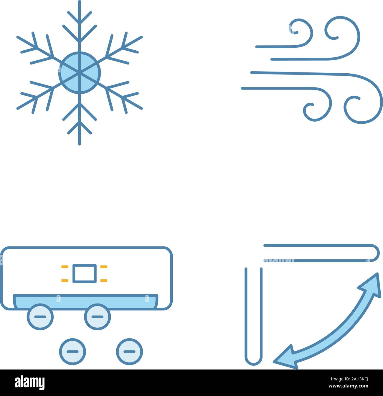 Air conditioning color icons set. Snowflake, airflow, ionizer, air ...