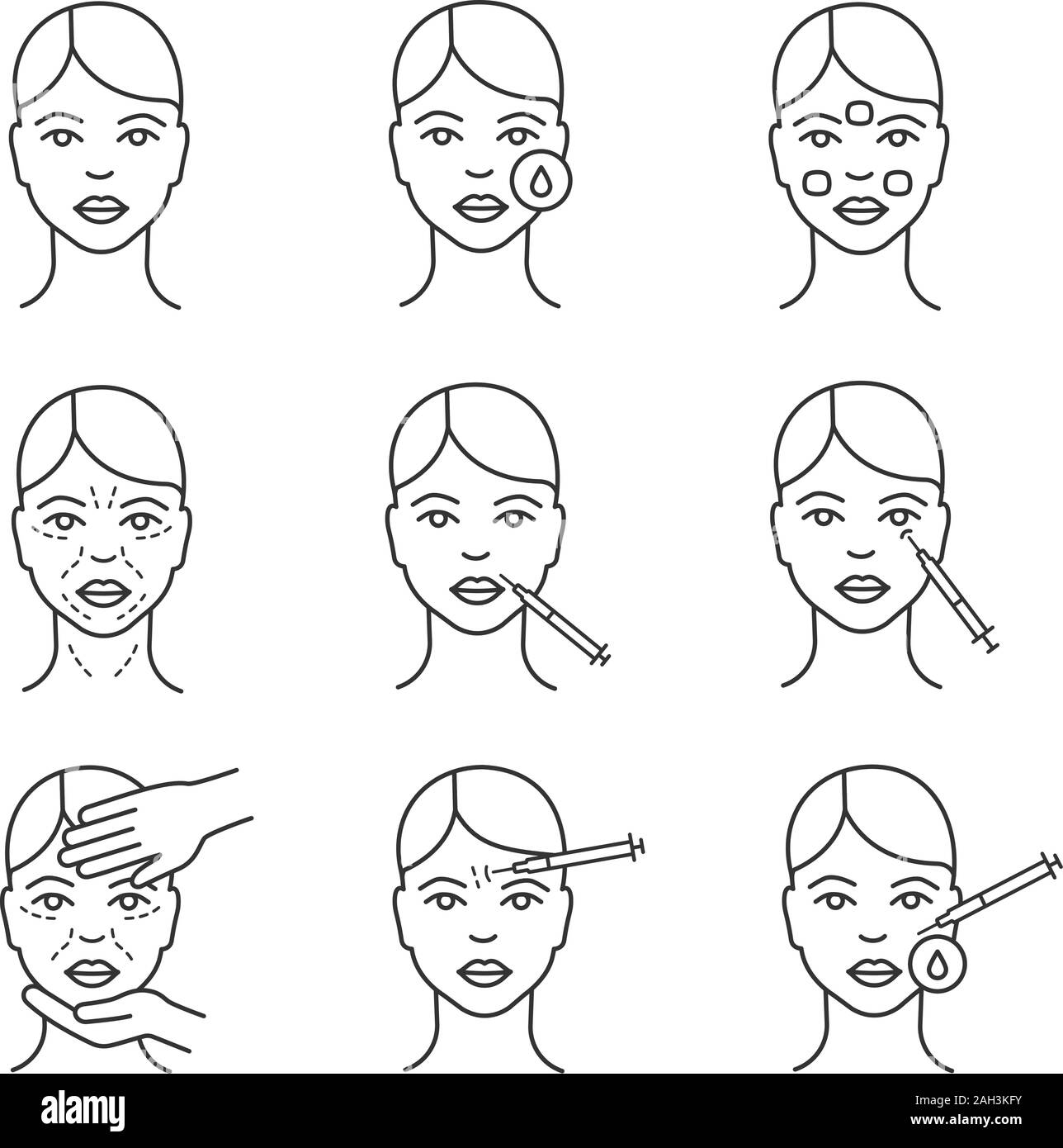 Neurotoxin injection cosmetic procedures linear icons set. Thin line ...