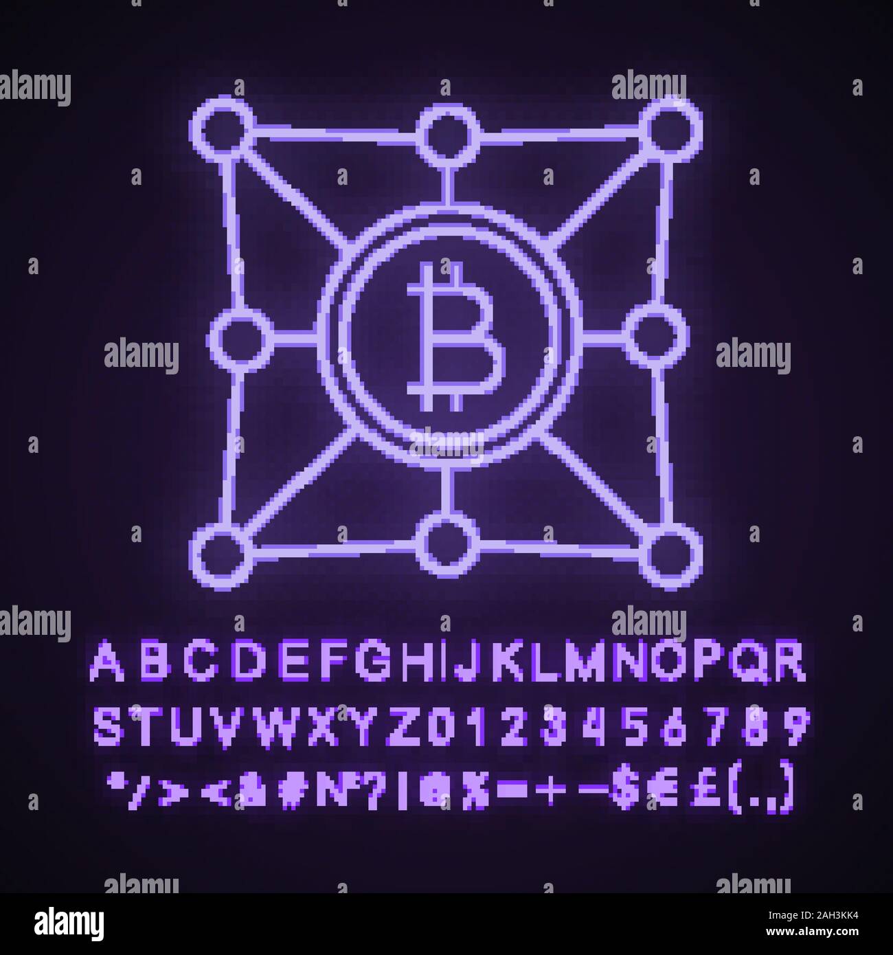 Blockchain network neon light icon. Bitcoin. Cryptocurrency. Digital money. Fintech and big data ...
