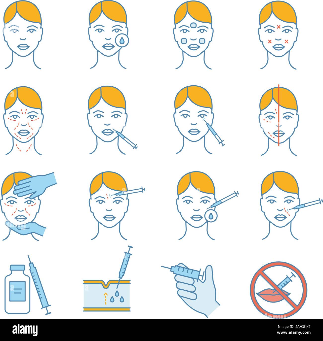 Neurotoxin injection color icons set. Anti wrinkle procedures. Neuro ...