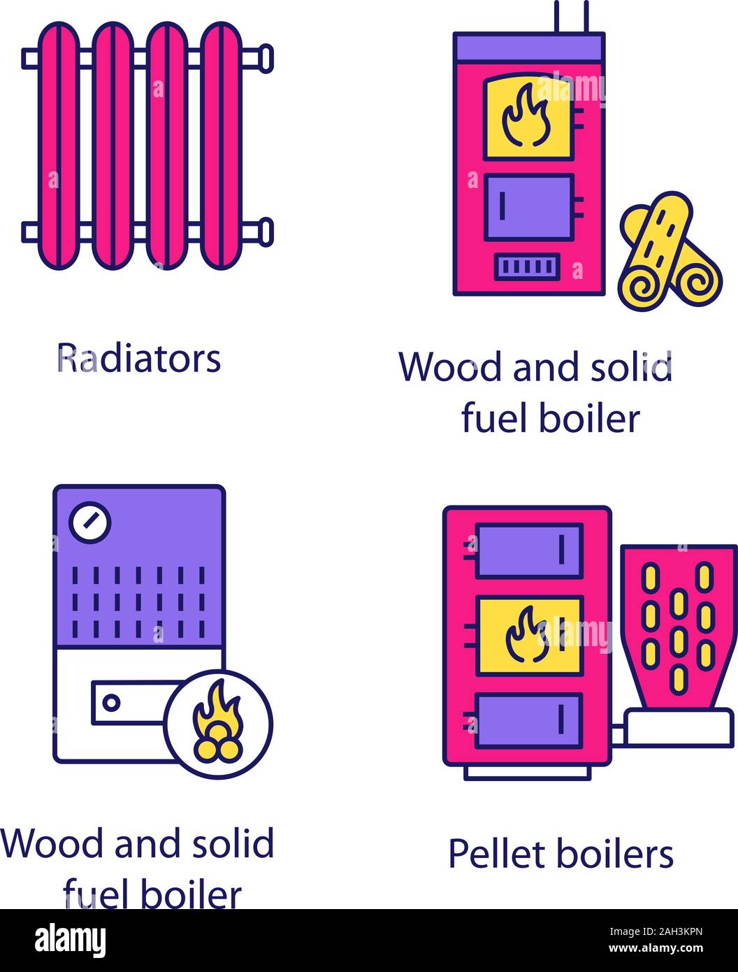 Heating color icons set. Radiator, firewood and pellet boiler, solid ...