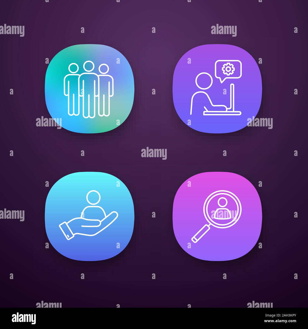 Business management app icons set. Team, technical support, staff ...