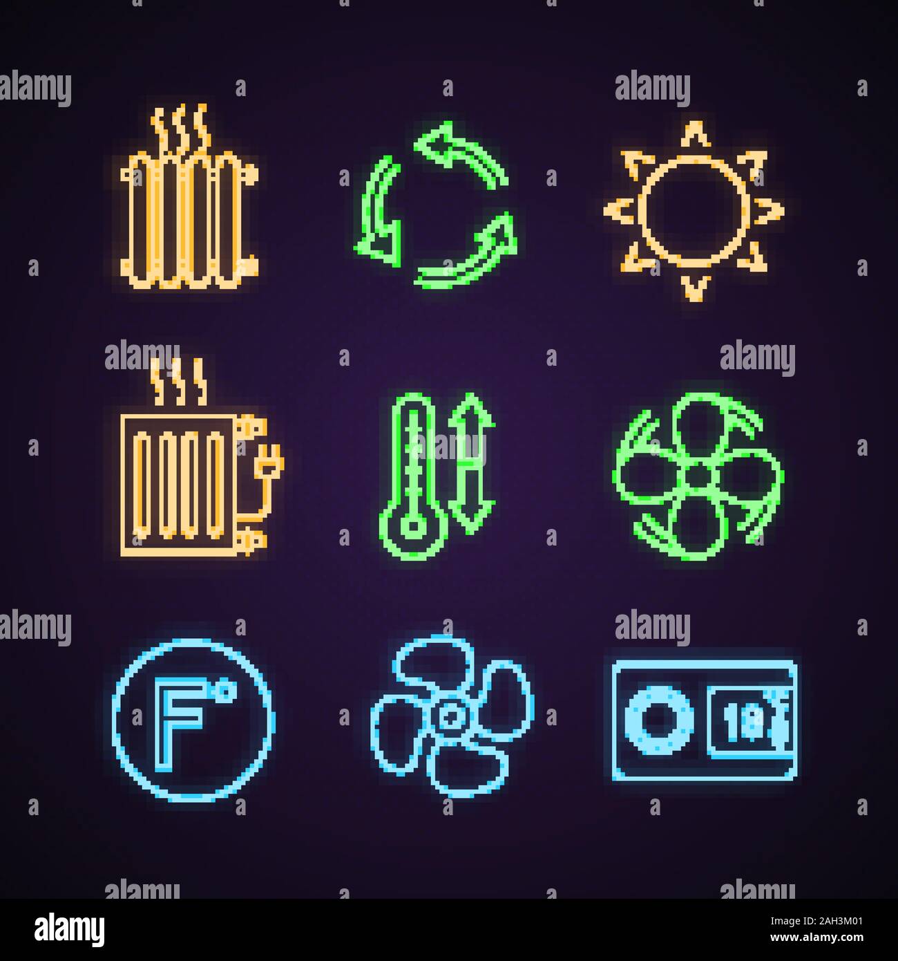 Air Conditioning Neon Light Icons Set Radiators Ventilation Sun